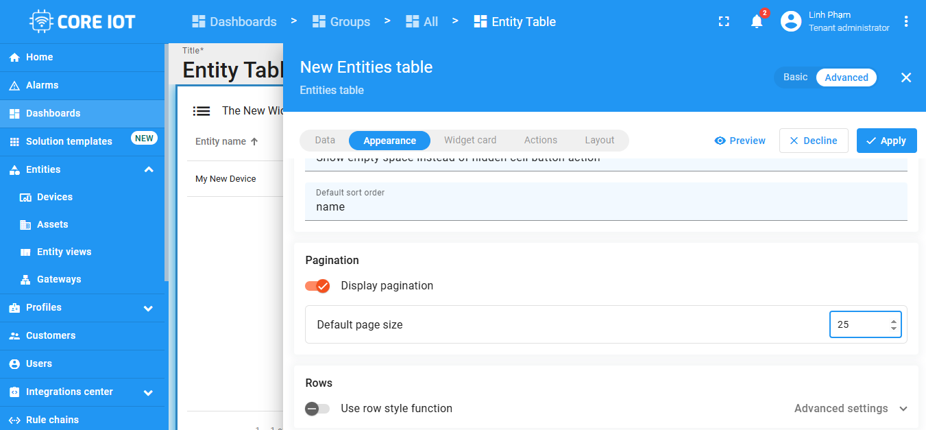 Entities Table Widget – Core IoT Platform