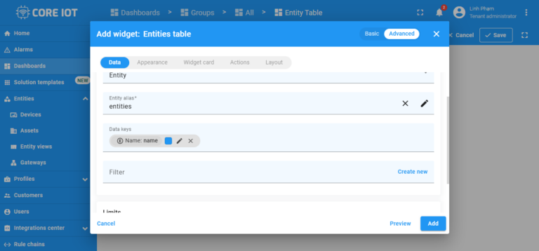 Entities Table Widget – Core IoT Platform